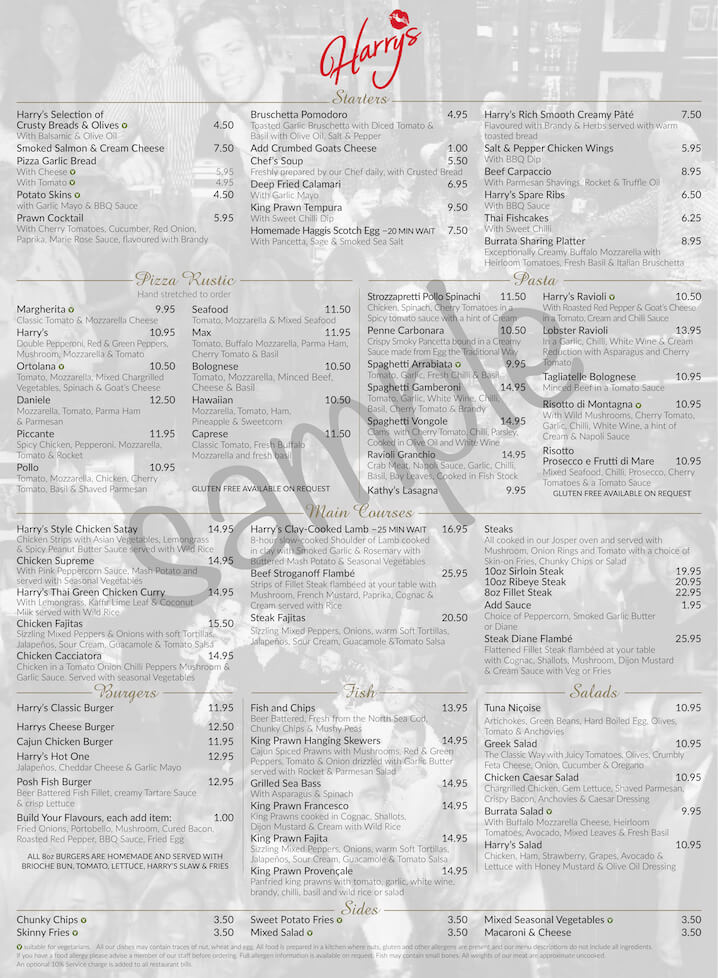 Harry s Bar Newcastle Main Menu 2017